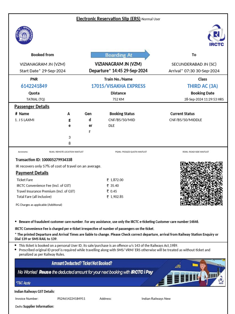 17015/visakha Express Third Ac (3A) | PDF