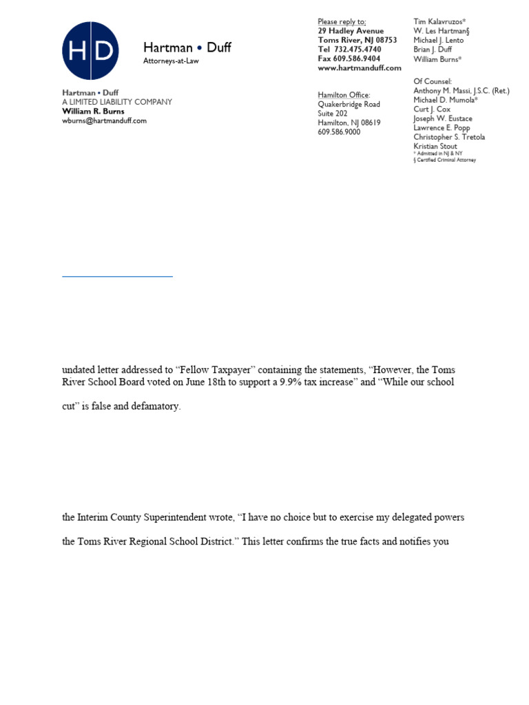 Toms River Regional Response Letter To Oxley and Matarazzo | PDF ...