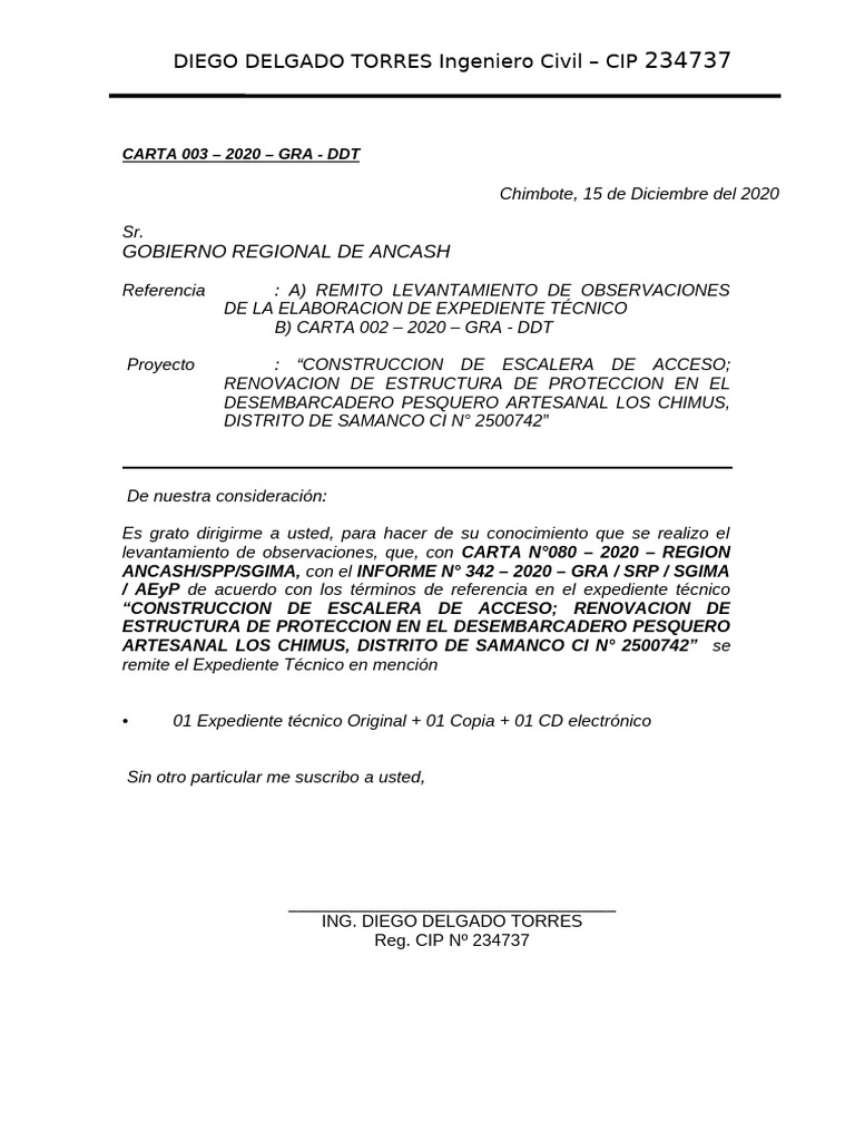 Carta 003 Levantamiento de Obs de Expediente Chimus | PDF
