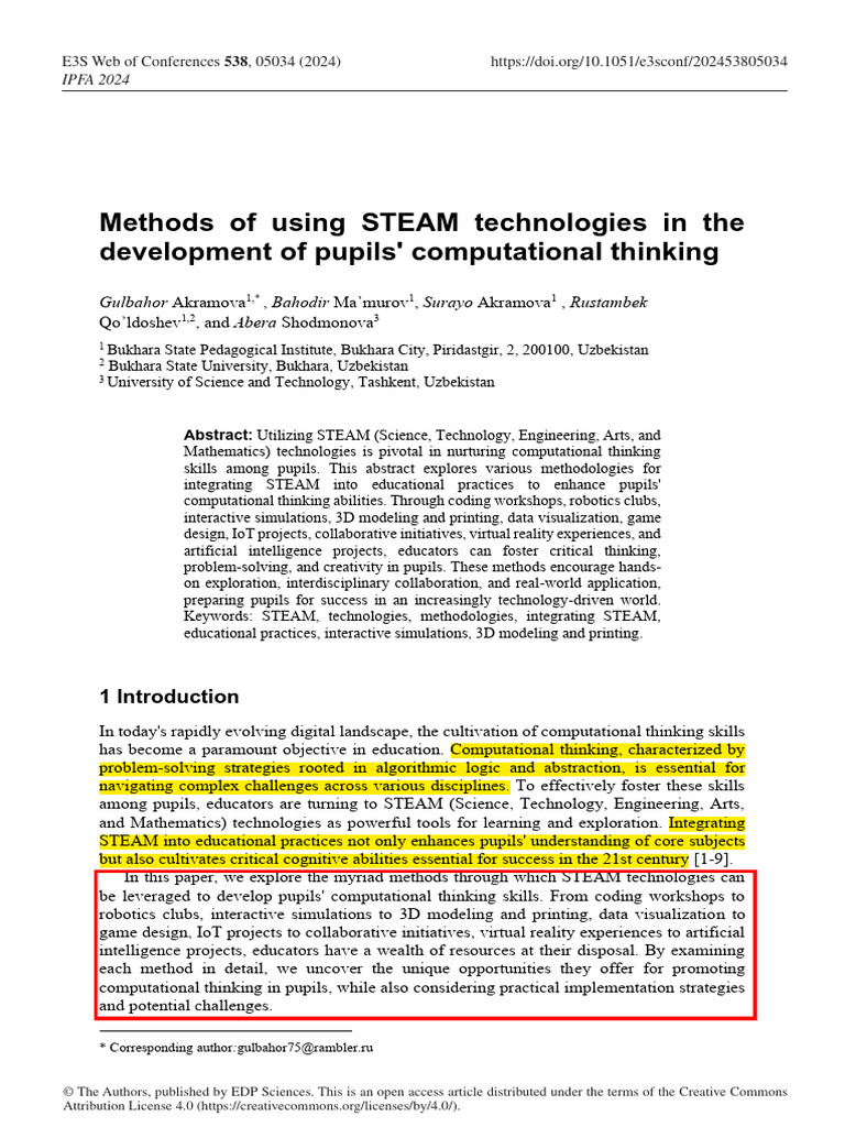 Methods of Using STEAM Technologies in The Development of Pupils' Computational Thinking | PDF