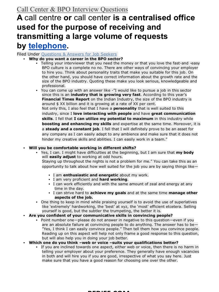 CALL CENTER Interview Questions N Ans | PDF | Call Centre | Business ...