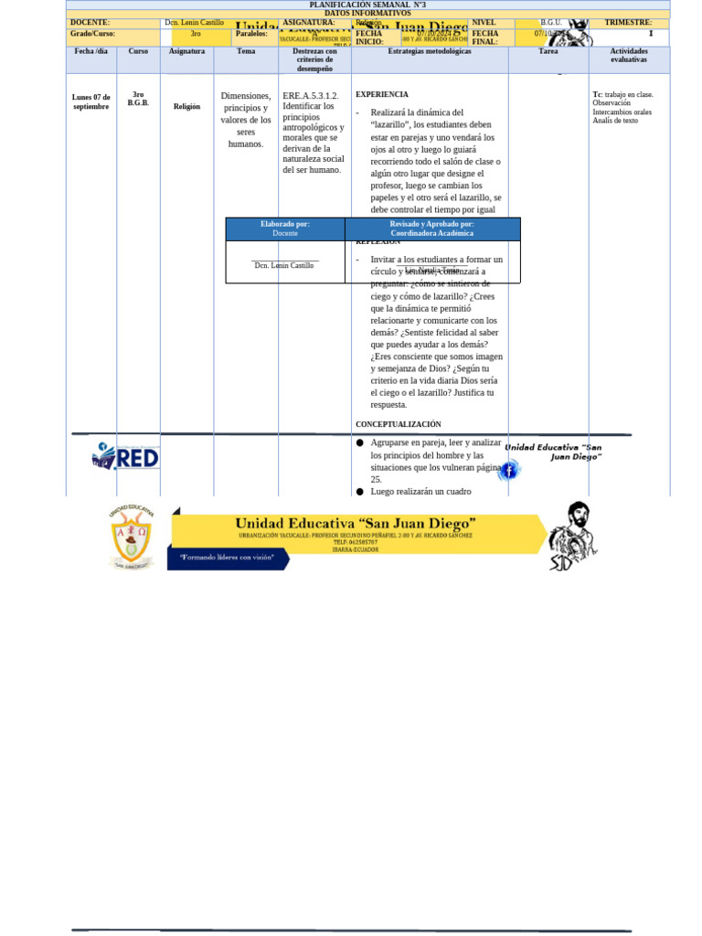 PLANIFICACIÓN SEMANAL 3ro B.G.U. 7 DE OCTUBRE 2024 | PDF