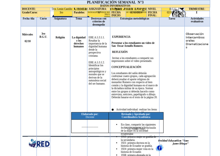 Planificación Semanal 2 de Octubre 2024 3ro B.G.U | PDF