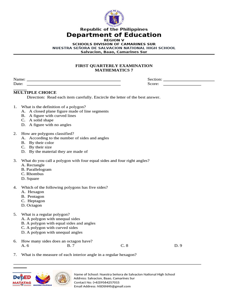 Math 7 - Quarter 1 Exam | PDF