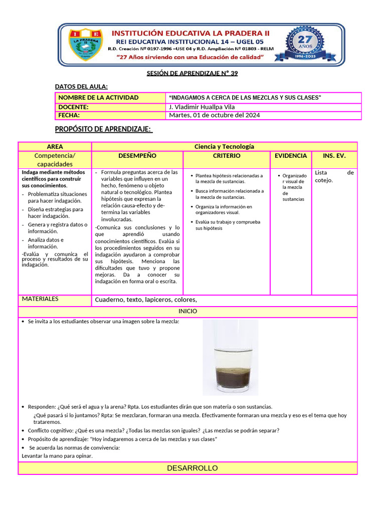 SESIÓN DE APRENDIZAJE #39 Soluciones y Mezclas | PDF | Mezcla ...