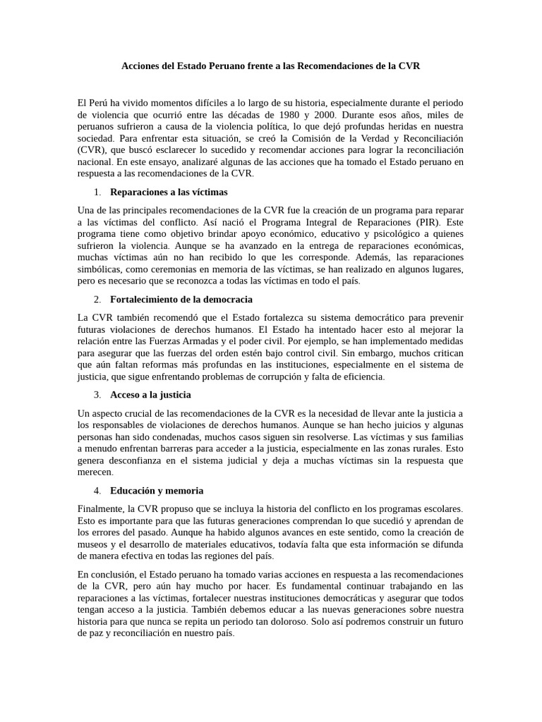Acciones Del Estado Peruano Frente A Las Recomendaciones de La CVR | PDF