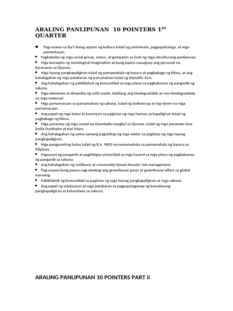 Araling Panlipunan 10 Pointers 1st Quarter. | PDF