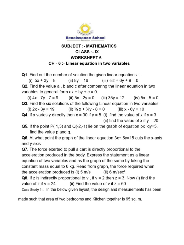 Subject:-Mathematics Class: - Ix Worksheet 6 CH - 6: - Linear Equation ...