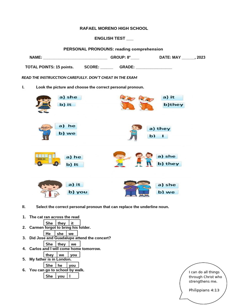 Personal Pronoun Test | PDF