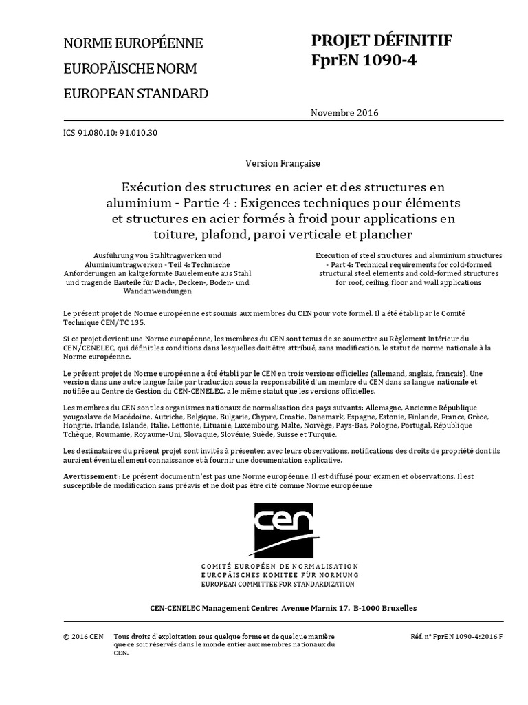 Norme Européenne Europäische Norm European Standard: Projet Définitif Fpren 1090-4 | PDF