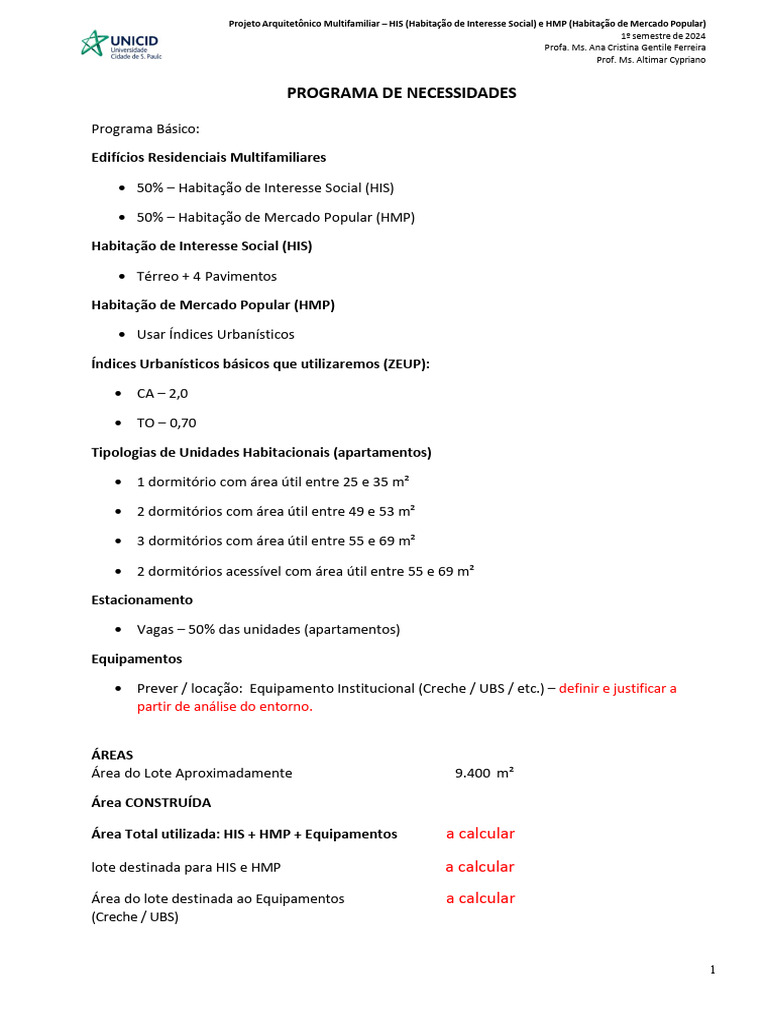 Programa de Necessidades Proj - Arq - Multifamiliar | PDF
