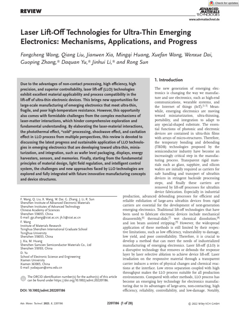 Adv Materials Technologies - 2022 - Wang - Laser Lift Off Technologies For Ultra Thin Emerging ...