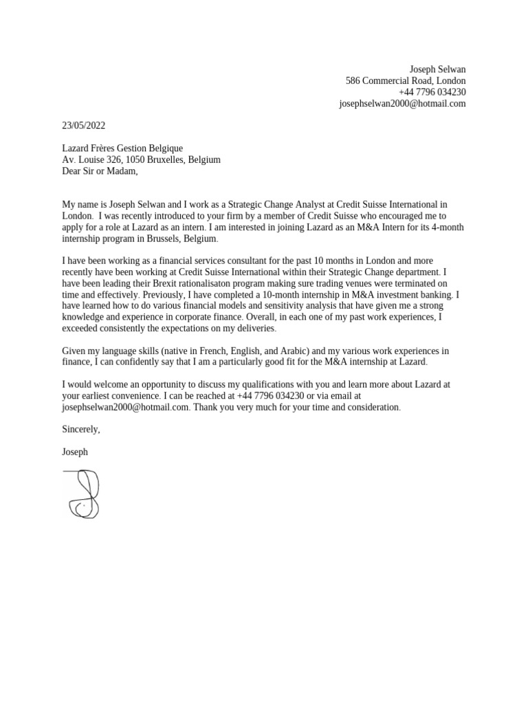 Lazard - Cover Letter | PDF