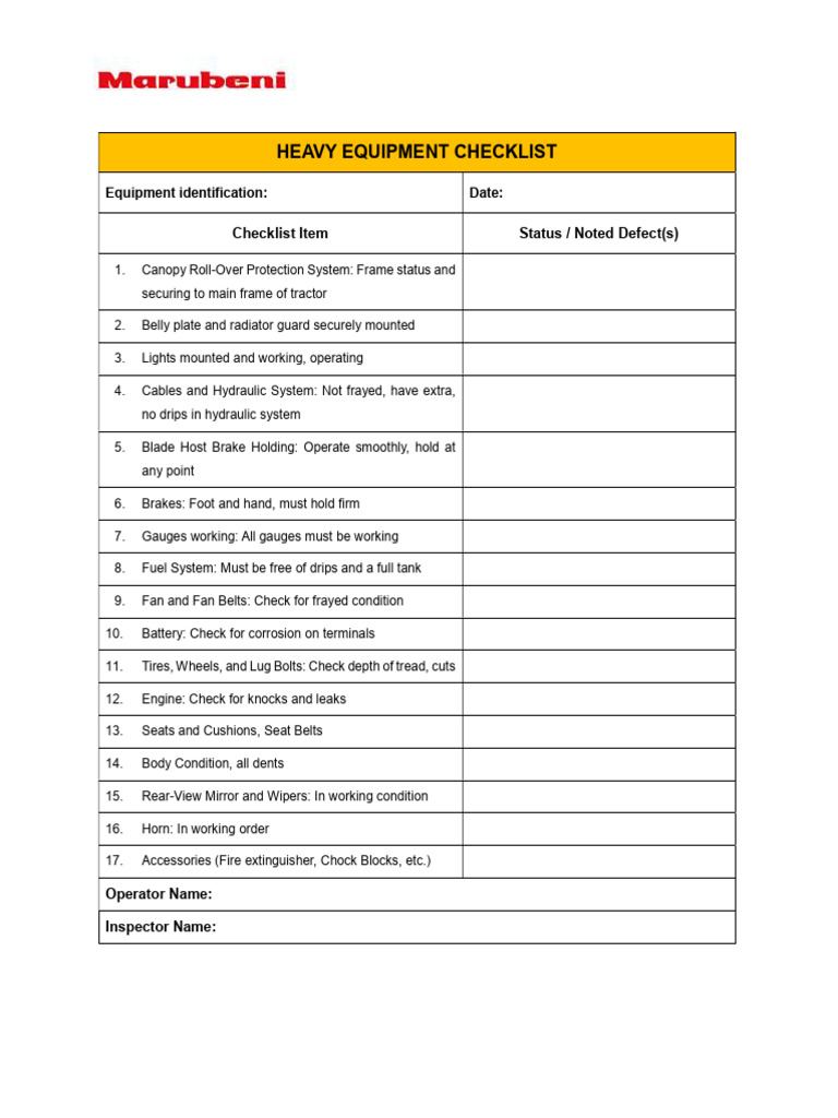 Heavy Equipment Checklist | PDF