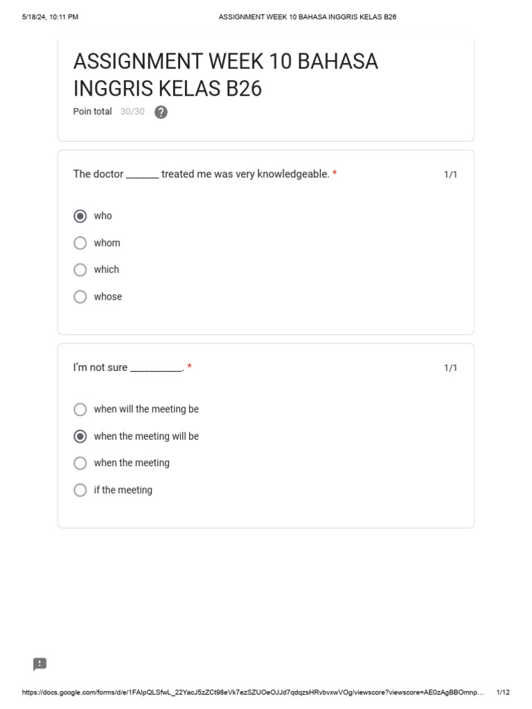 Assignment Week 10 Bahasa Inggris Kelas B26 Ulang | PDF