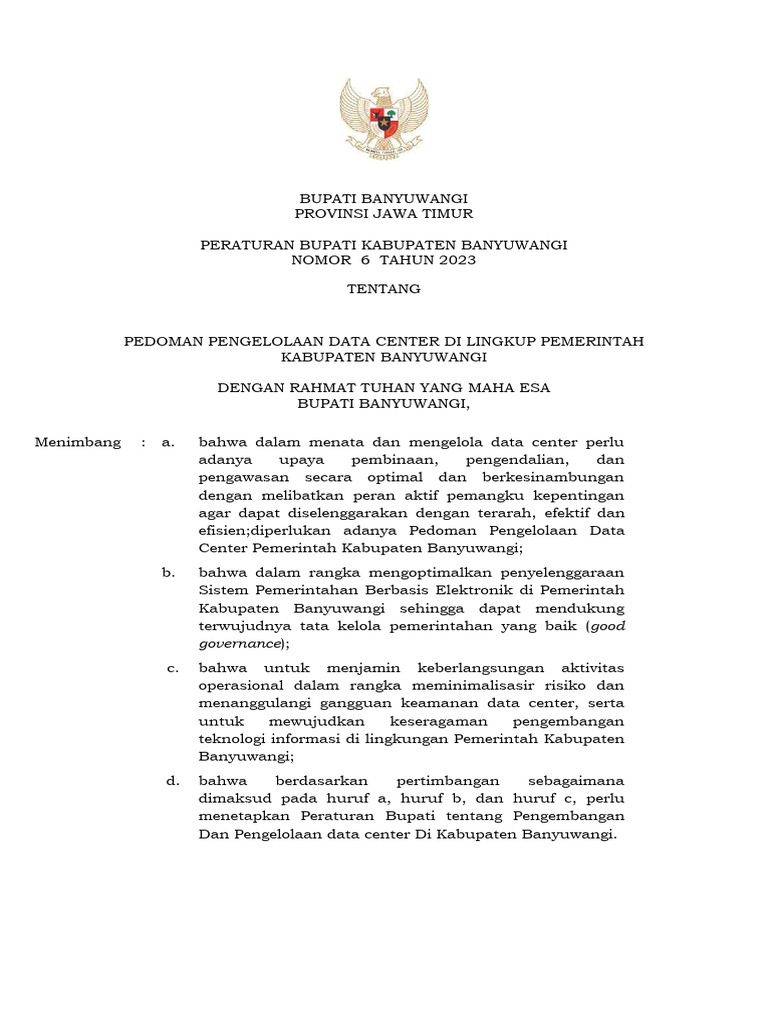 2023 Perbup Nomor 6 Tahun 2023 Tentang Pedoman Pengelolaan Data Center Di Lingkup Pemerintah ...