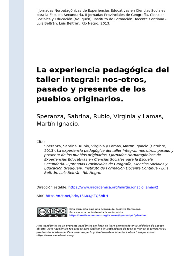 Speranza Sabrina Rubio Virginia y ... 2013. La Experiencia Pedagogica ...