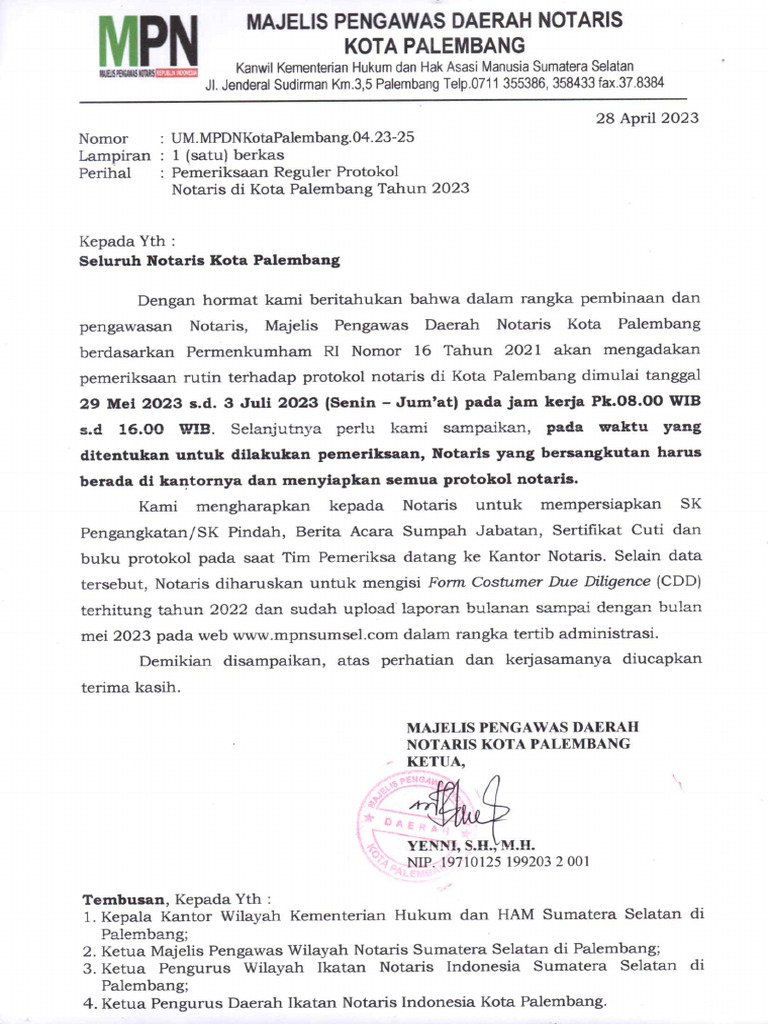 Surat Pemberitahuan Pemeriksaan Protokol Notaris Tahun 2023 | PDF
