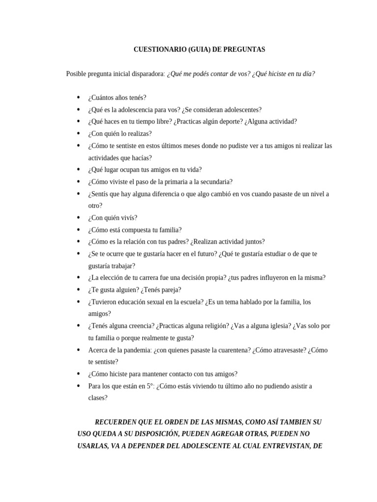 CUESTIONARIO GUIA DE PREGUNTAS PARA LA ENTREVISTA | PDF