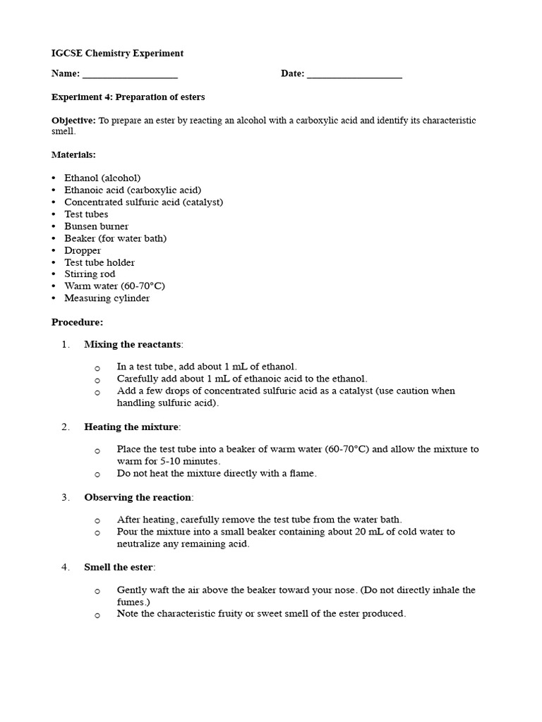 Preparation of Esters CHM250 | PDF