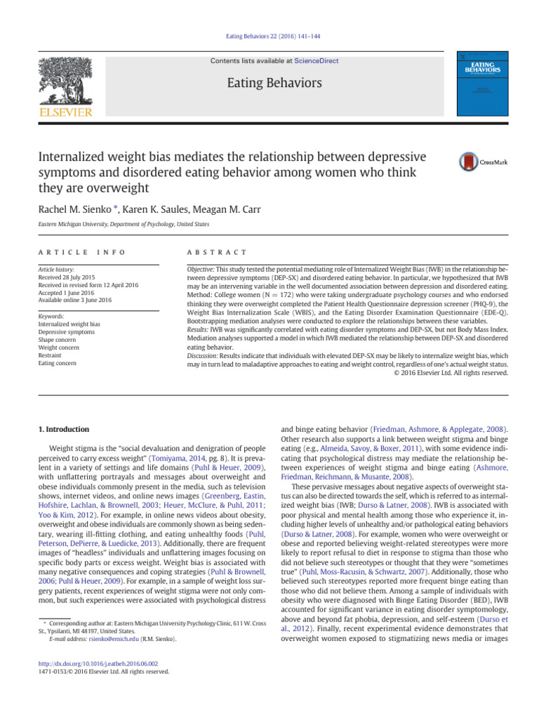 Eating Behaviors: Rachel M. Sienko, Karen K. Saules, Meagan M. Carr | PDF