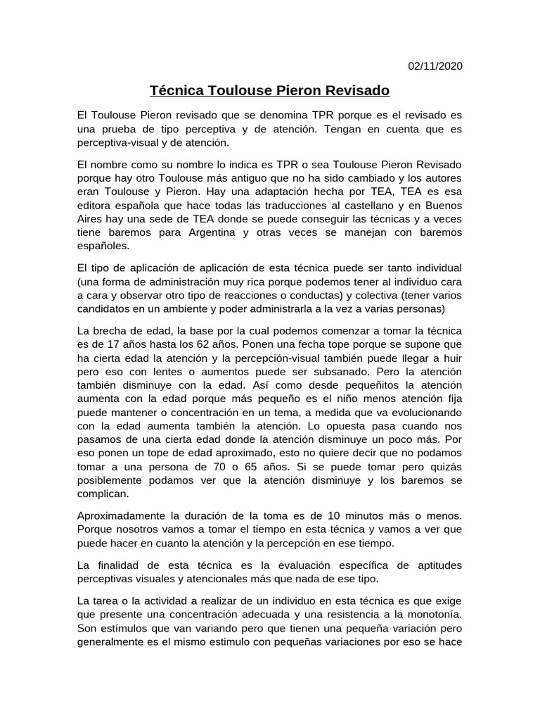 Test Toulouse Pieron Revisado | PDF