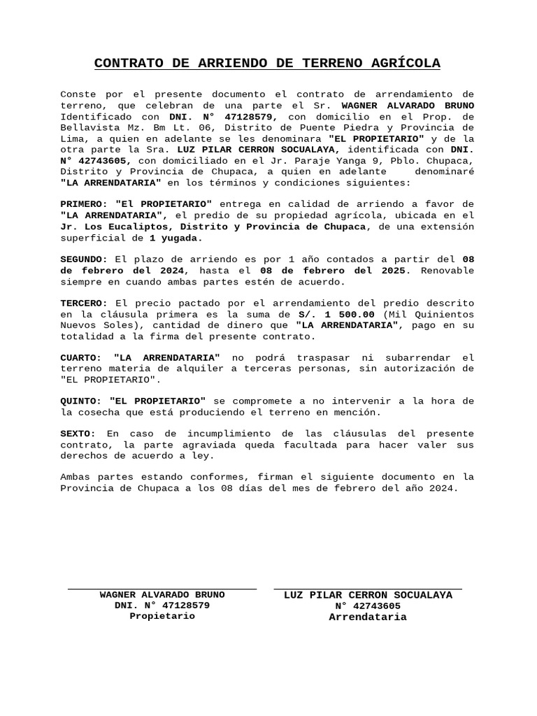 Contrato de Arriendo de Terreno Agricola | PDF
