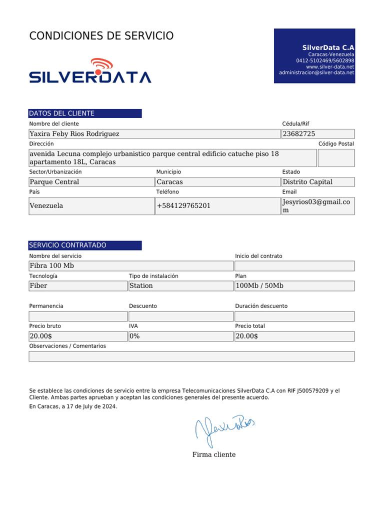 Condiciones de Servicio: Datos Del Cliente | PDF