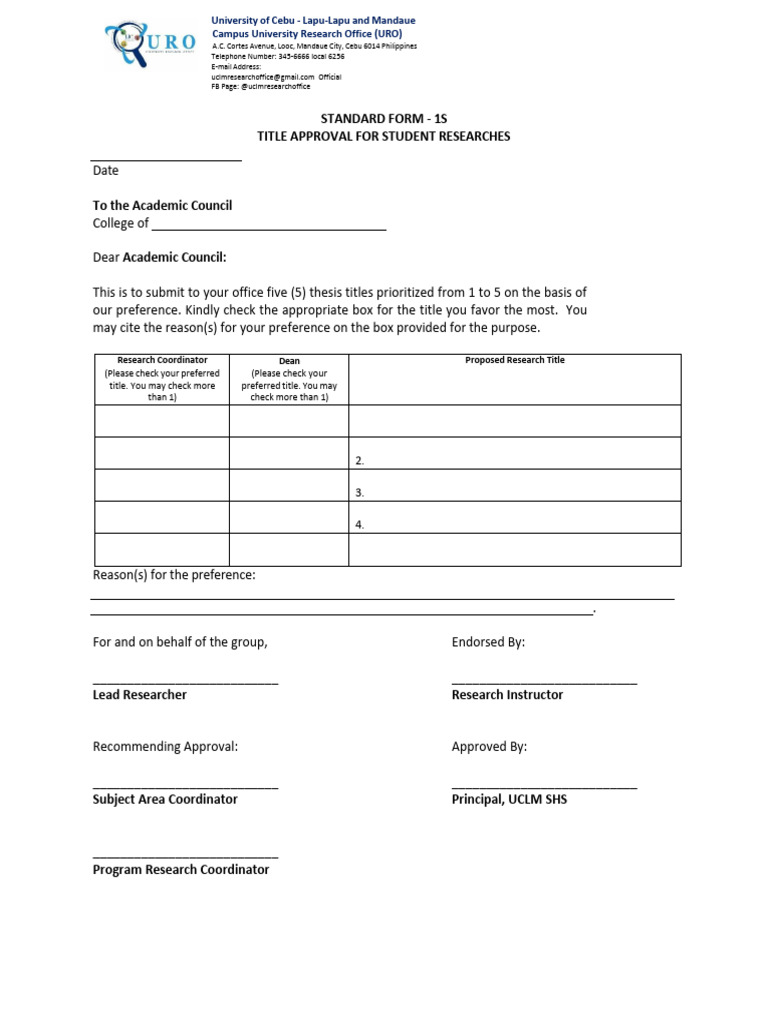 Standard Form 1S Title Approval For Student Researches 1 | PDF