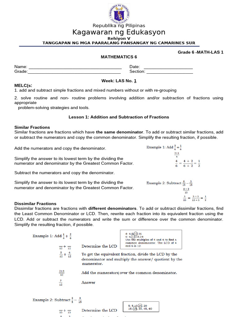Grade 6-Q1-MATH-LAS 1 | PDF