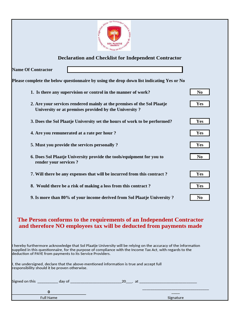 Checklist of Independent Contractor SPU 2 | PDF