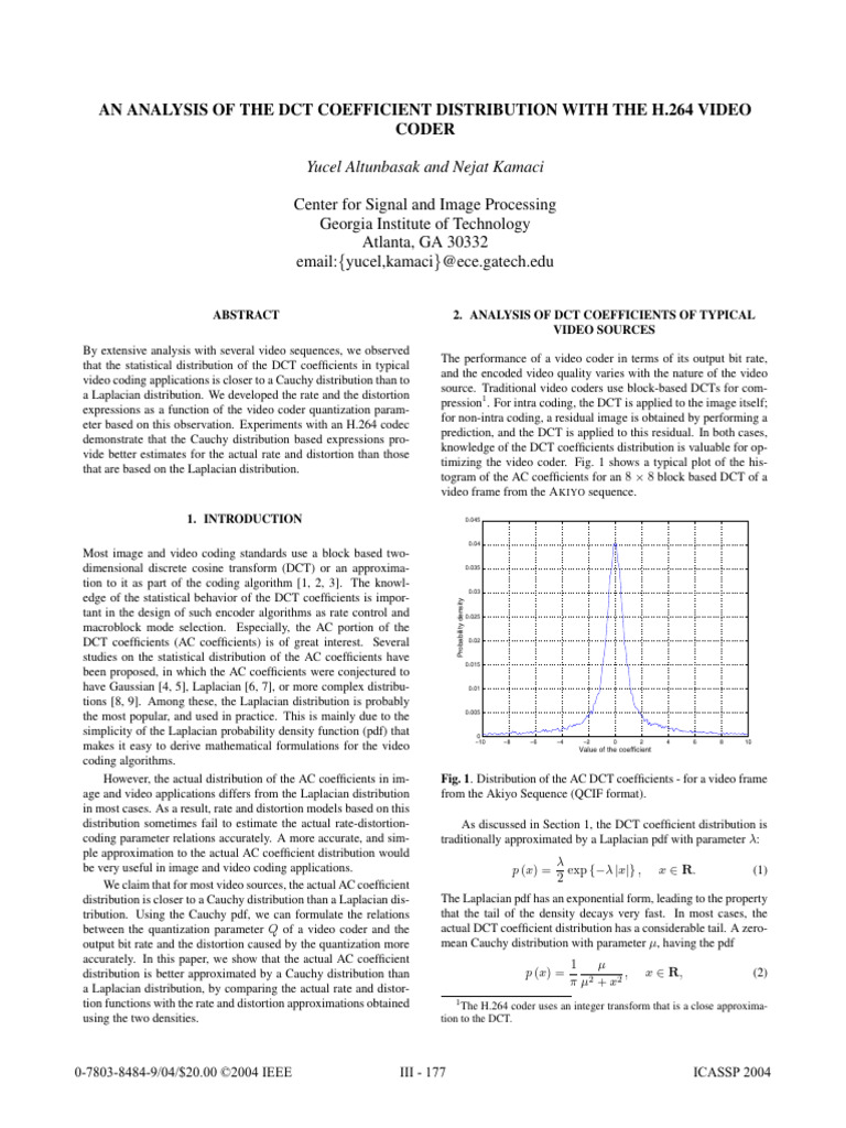 An Analysis of The DCT Coefficient Distribution With The H.264 Video Coder | PDF