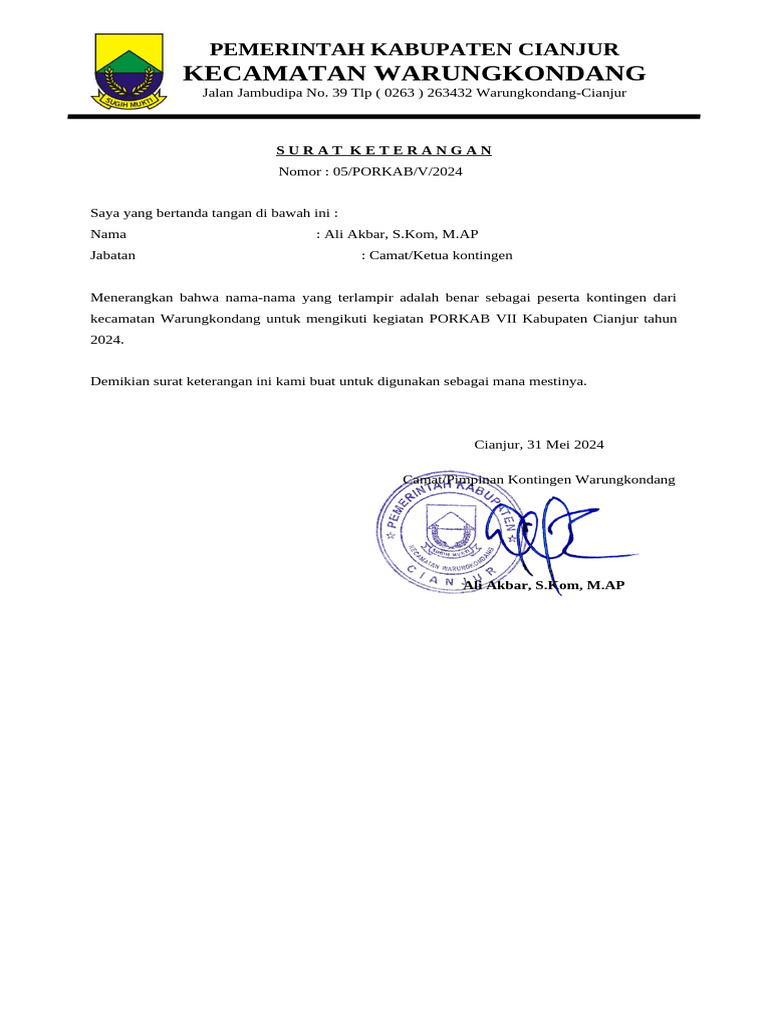 Surat Keterangan Kecamatan Warungkondang NEW | PDF