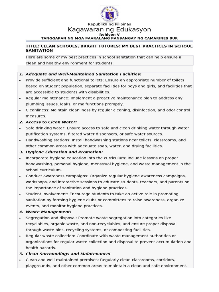 Best Practices On Sanitation in School | PDF