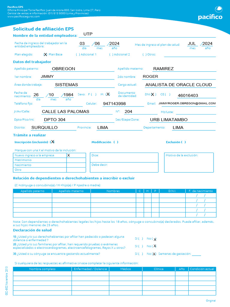 Solicitud de Afiliación a Pacífico EPS | PDF | Historial médico ...