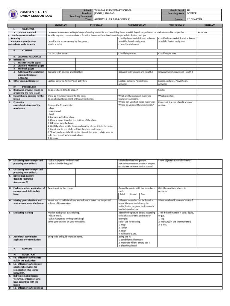 DLL - Science 3 - Q1 - W4 | PDF