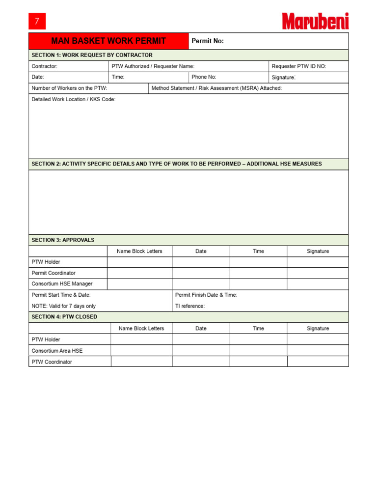 7. Man Basket Work Permit_PTW Procedure Rev. 2 | PDF