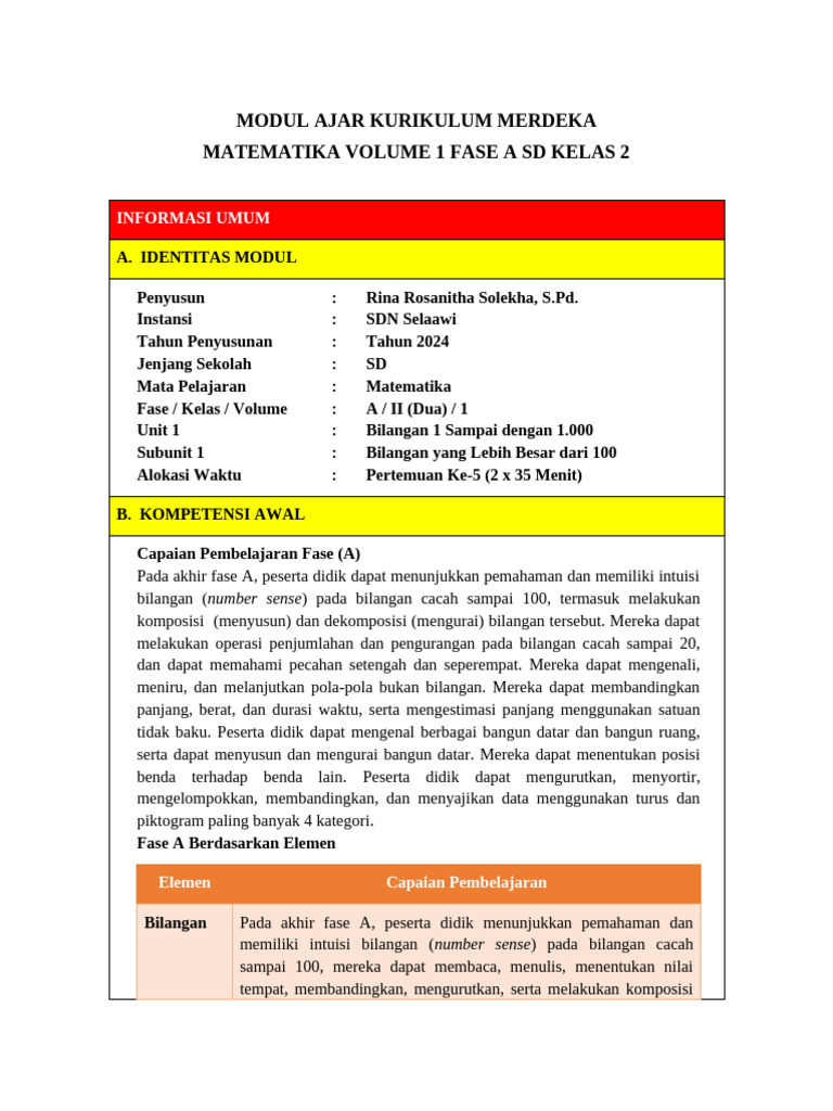 Modul Ajar Matematika Kls 2 | PDF