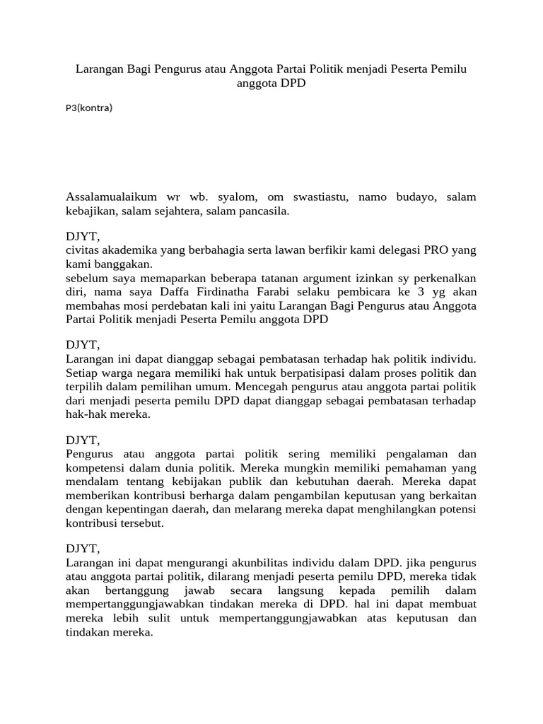 p3 (Kontra) Larangan Bagi Pengurus Atau Anggota Partai Politik Menjadi Peserta Pemilu Anggota ...