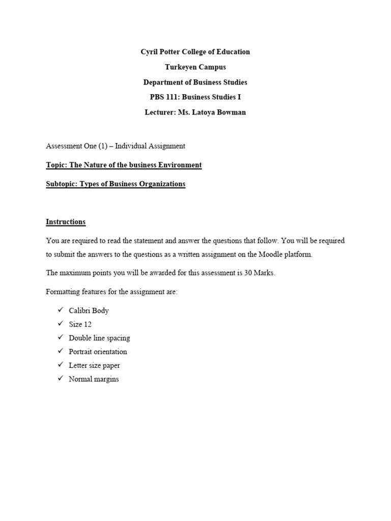 Assessment One - Business Studies 1 | PDF