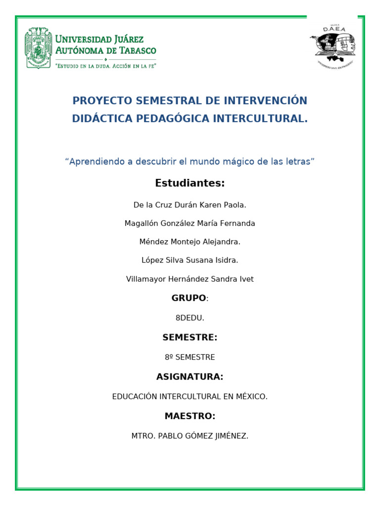Proyecto Semestral de Intervención Didáctica Pedagógica Intercultural | PDF | Interculturalidad ...