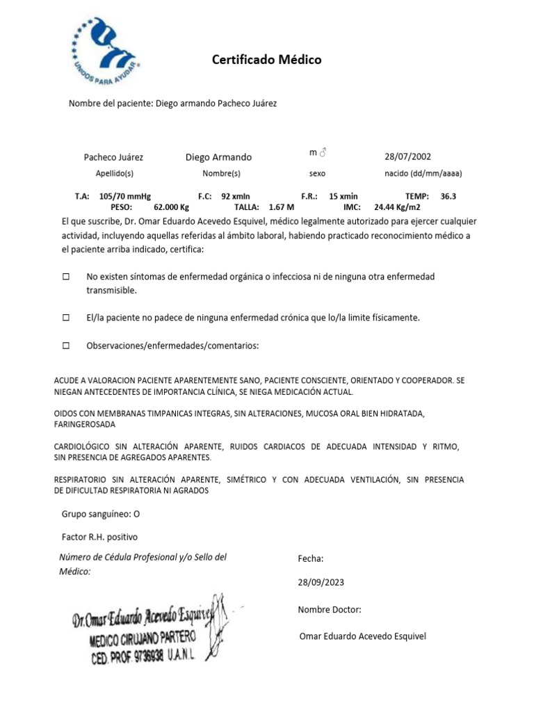 Certificado Médico De Paciente Sano Pdf Relaciones Personales