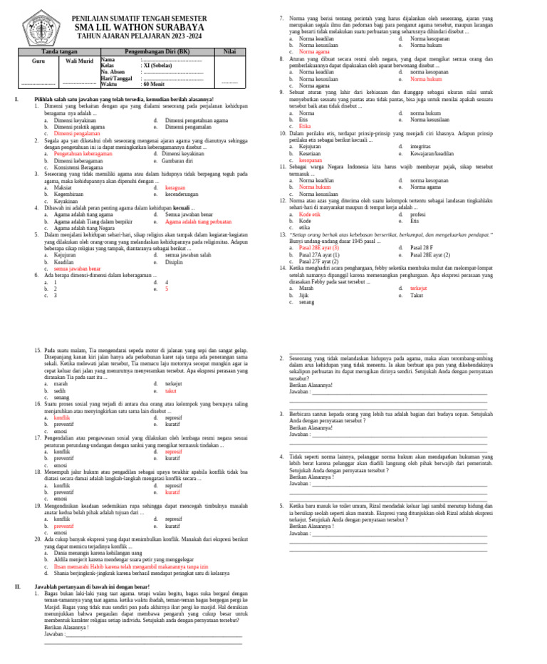 2023 Soal BK Sem 1 Sma Xi | PDF