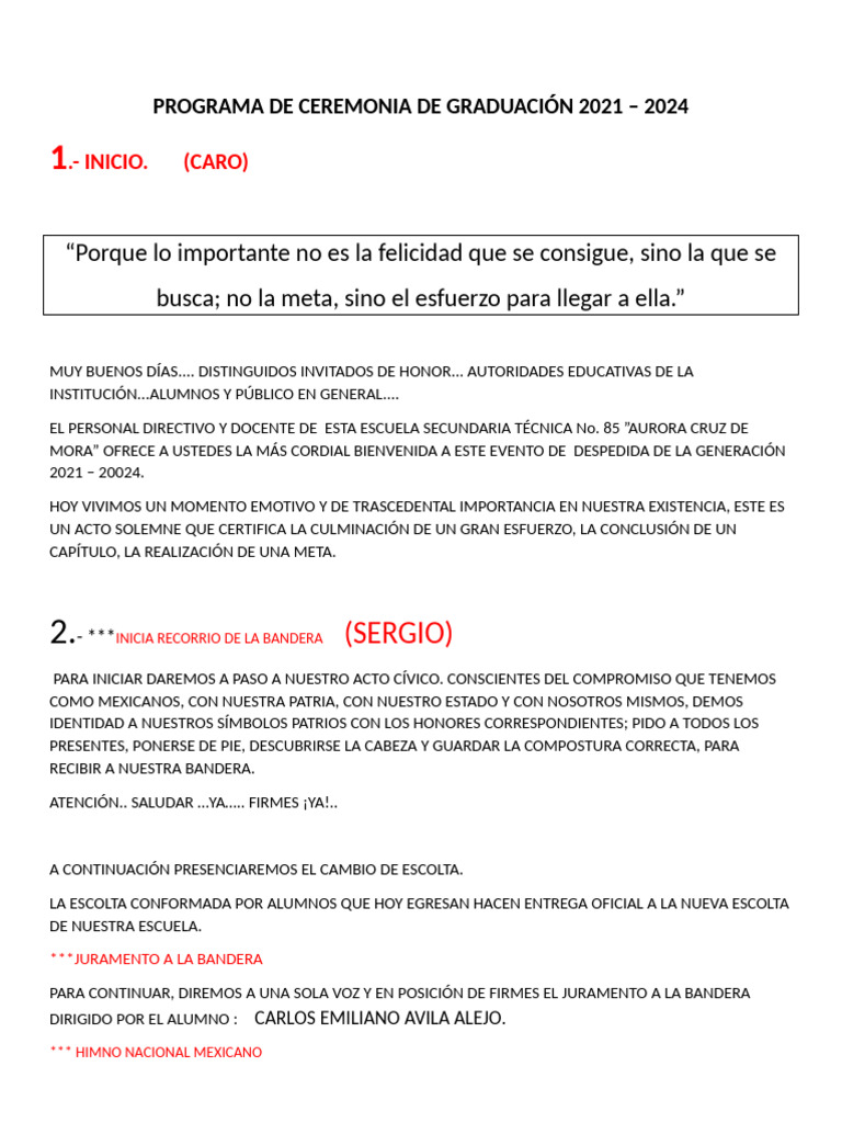 PROGRAMA DE CEREMONIA DE GRADUACIÓN 2021-2024 | PDF