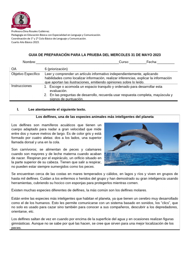 Guía de Estudio: Delfines Inteligentes | PDF | Pescado