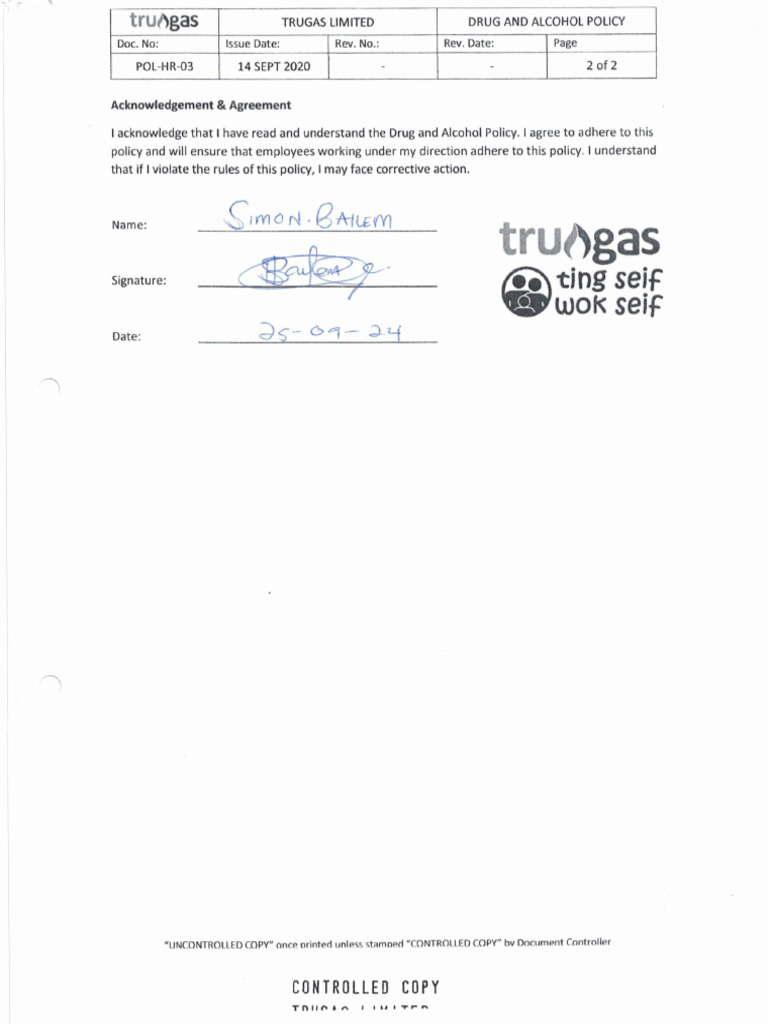 Drug & Alcohol Policy Signed Forms-Pom | PDF