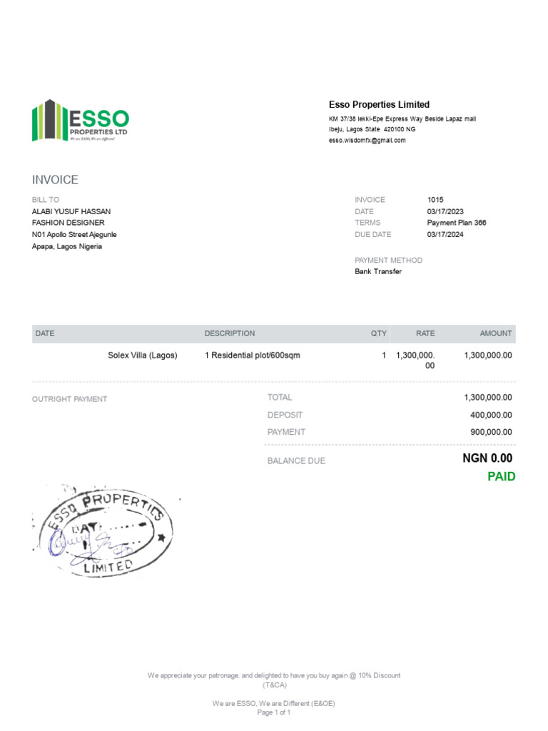 Invoice 1015 From Esso Properties Limited | PDF | Money | Payments