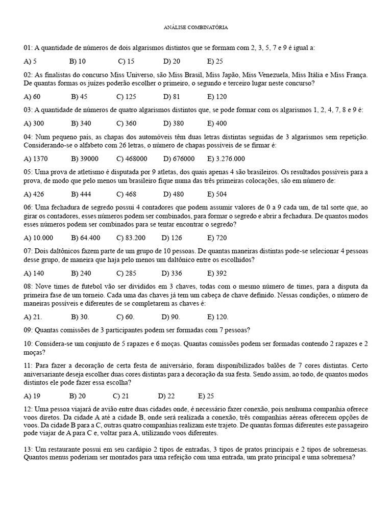 ANÁLISE COMBINATÓRIA - EXERCÍCIO | PDF