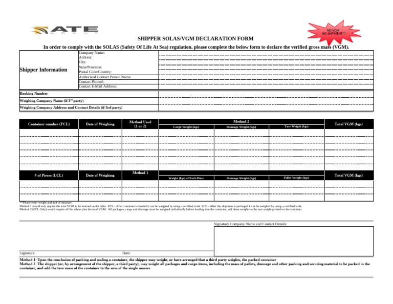 Air Tiger Express_VGM Declaration Form | PDF