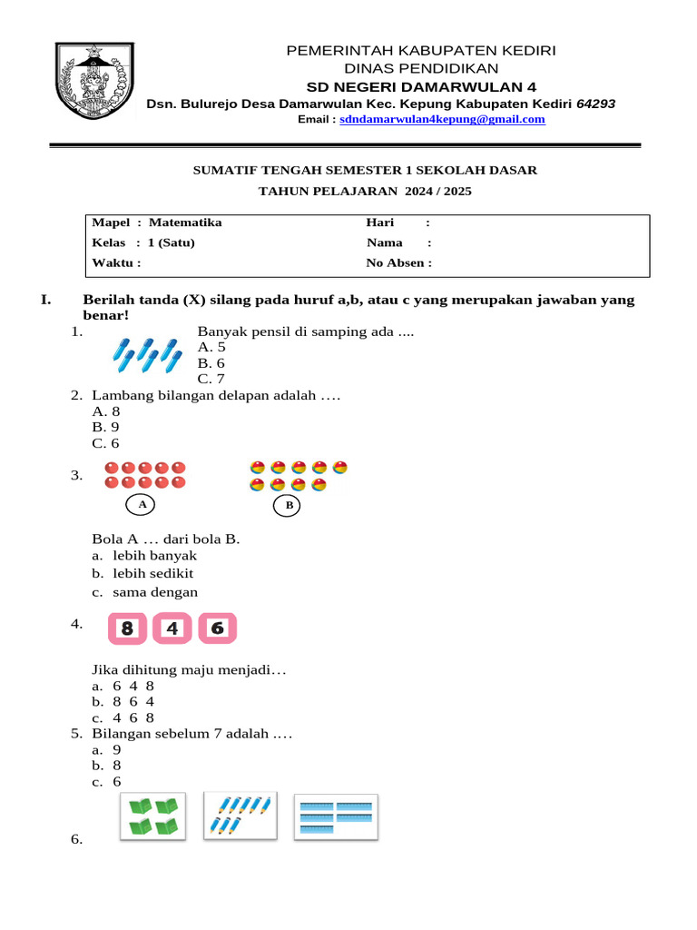SOAL STS 1 KLS 1 MATEMATIKA | PDF